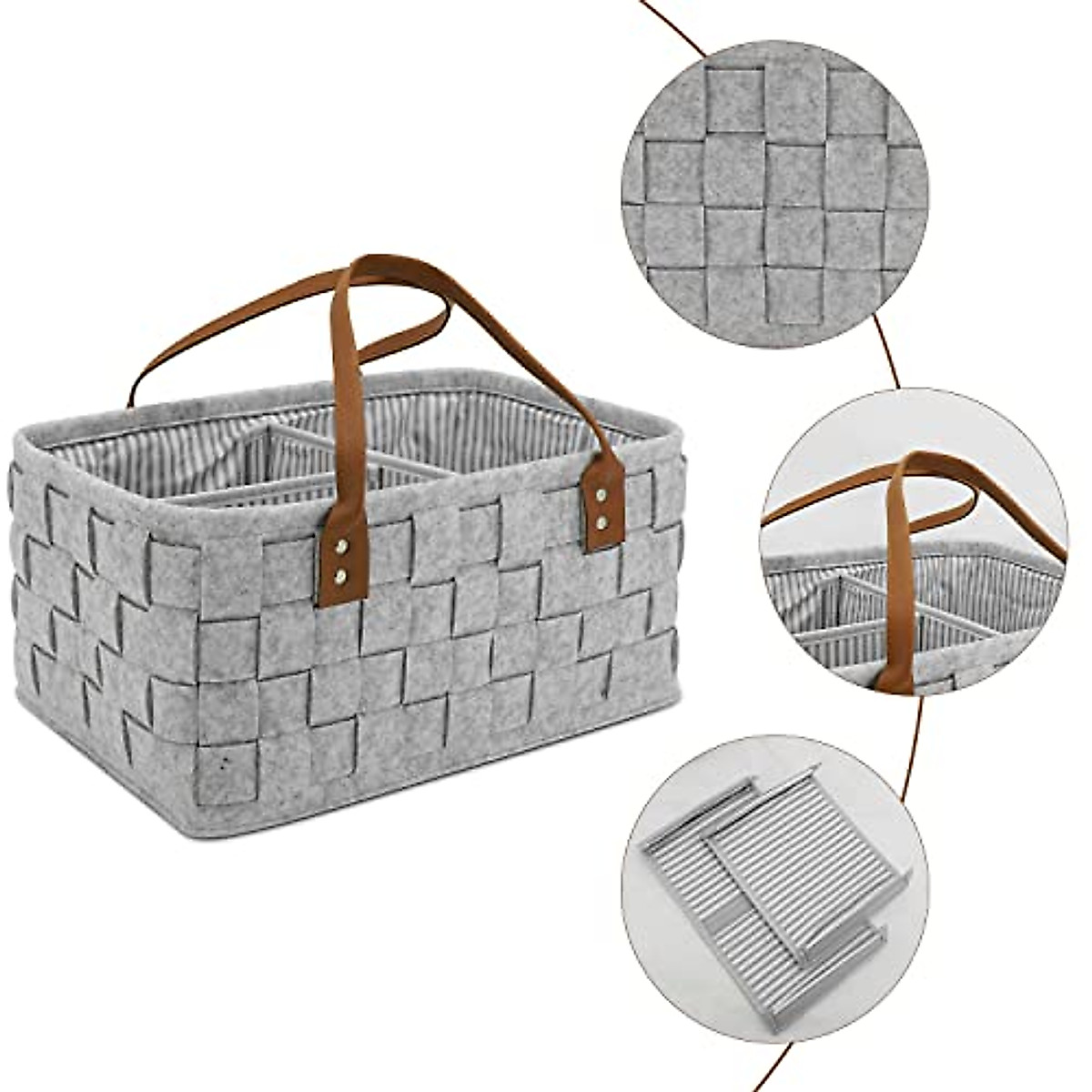 Baby Diaper Caddy Organiser, Woven Felt Large Portable Diaper Bag Organiser Basket for Changing Table, Nursery Storage Bin for Baby Essentials, Car Caddy Travel Organiser, Grey, 40 cm x 20 cm x 28 cm