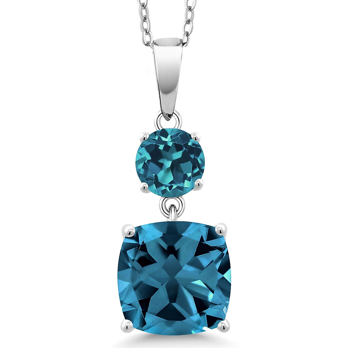 Gem Stone King 6.30 Cttw London Blue Topaz Pendant Necklace For Women In 925 Sterling Silver | Gemstone November Birthstone | Cushion 10MM | Round 6MM