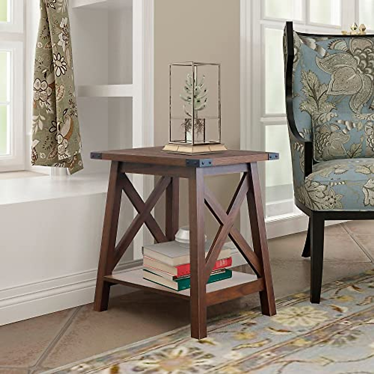 Rainbow Sophia Side Table End Table for Living Room, Farmhouse Accent Wood Nightstand for Bedroom with 2-Tier Storage, Dark Walnut