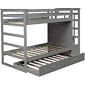 STP-Y Solid Wood Bunk Bed Frame No Box Spring Needed with Guardrails, Ladder and Storage Stairs for and Teens Platform, Twin Over Full, Gray (Color : Grey with Hiden Drawers)