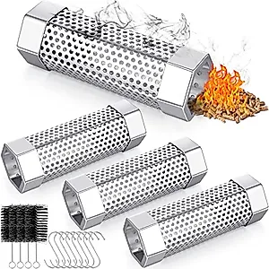 4 Pcs Pellet Smoker Tube 6 Inches Stainless Steel Perforated BBQ Wood Pellet Tube Smoker with 8 Hooks and 4 Brushes for Cold/hot Smoking Cheese, Pork, Fish, Nuts, Beef