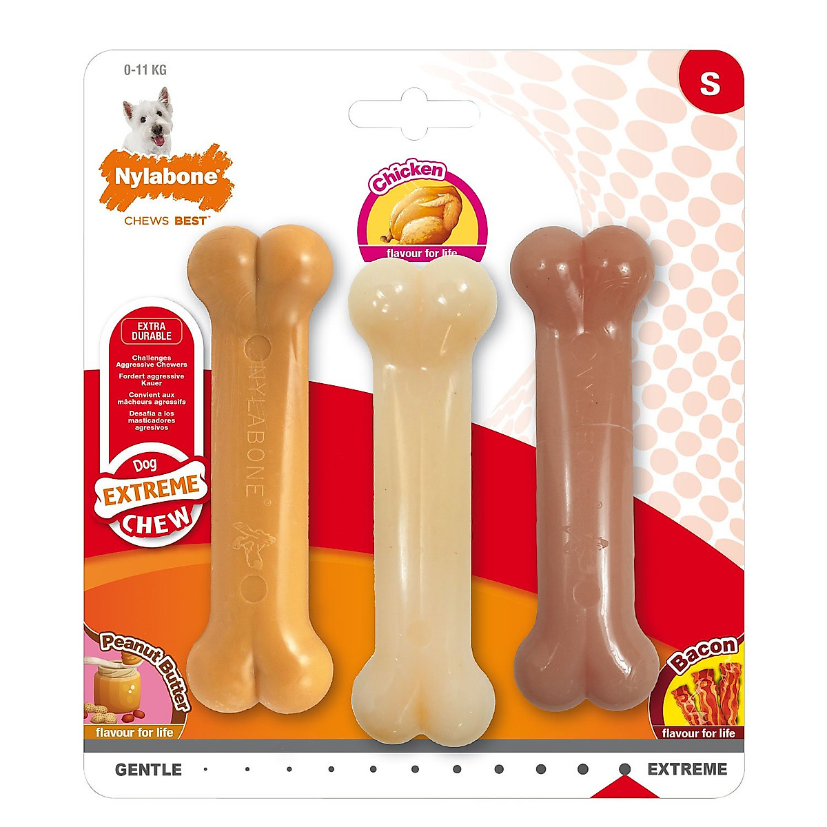 Nylabone Extreme Tough Dog Chew Toy Bones, Peanut Butter, Chicken, Bacon Flavoured, 3-Piece, Small, for Dogs Up to 11 kg
