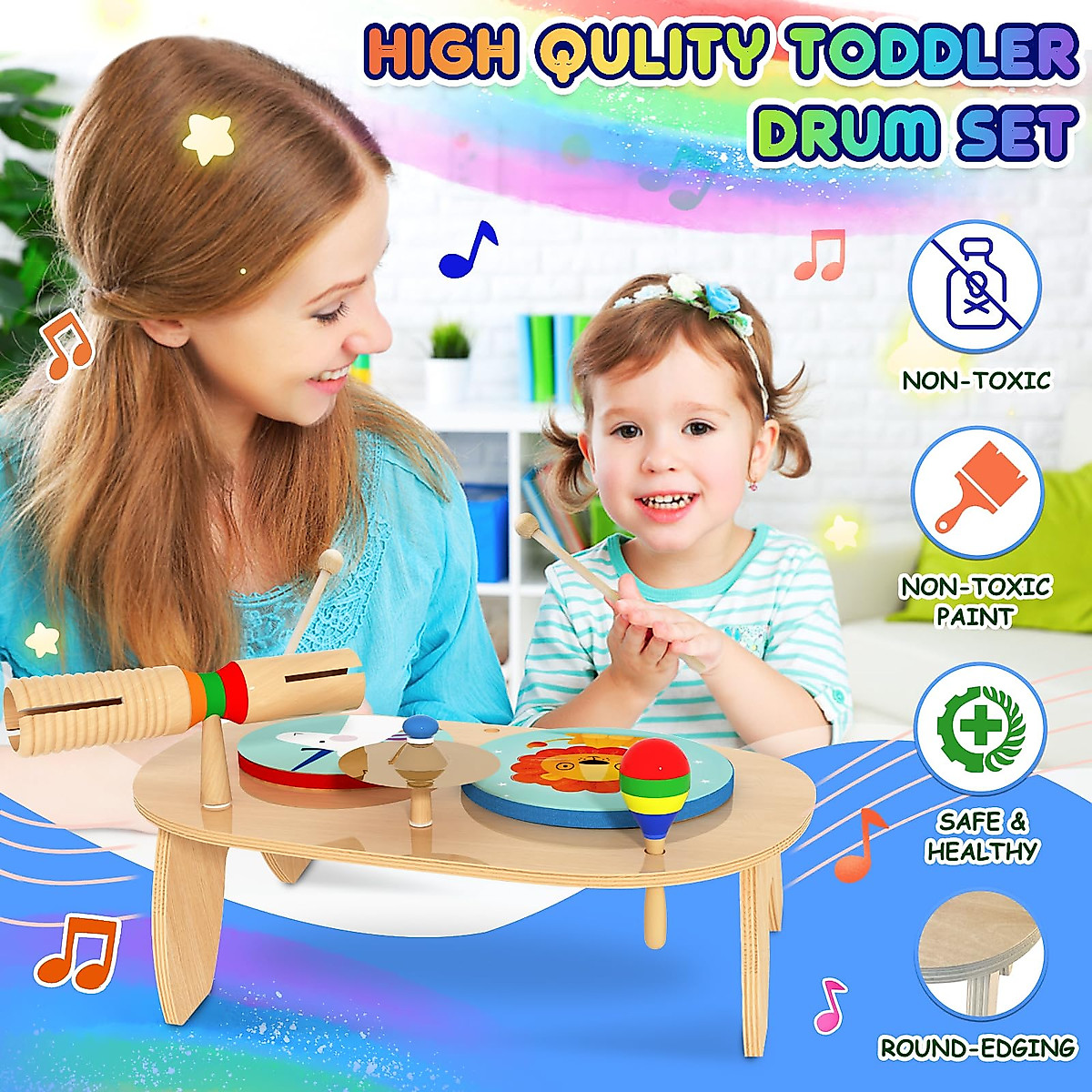 LOOIKOOS Kids Drum Set for Toddlers 1-3, All in One Montessori Musical Instruments -Wooden Percussion Educational Preschool Music Toys for Baby 12-18 Months