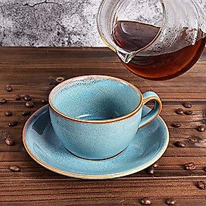 Bosmarlin Ceramic Coffee Cup Mug with Saucer Set of 2 for Latte, Cappuccino, Tea, 8.5 Oz, Dishwasher and Microwave Safe(Lake blue, 2)