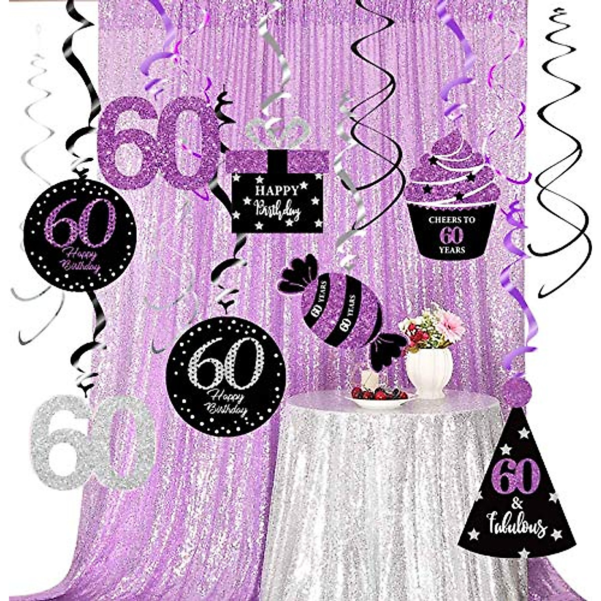 60th Birthday Decorations Women Purple Silver/Women 60th Birthday Party Decorations Purple Silver Black Foil Hanging Swirls with Balloons for Women 60 Birthday Party Supplies