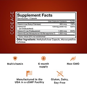 Codeage Vitamin ADK, 6-Month Supply 1 Capsule Per Serving, Immune, Bone & Heart Support, Fat Soluble Vitamins A, Vitamin D3 5000 IU, Vitamin K1 & K2 (MK4 & MK7), A D K Vitamin Supplement, 180 Capsules