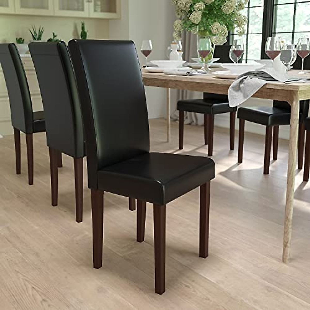 Flash Furniture Greenwich Series Black LeatherSoft Upholstered Panel Back Mid-Century Parsons Dining Chair