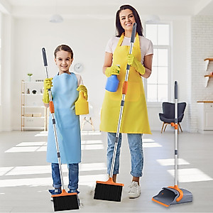 AXFRVEWA Broom and Dustpan Set with 52" Long Handle Broom with Dustpan Combo Set, Self-Cleaning Teeth & Standing Dust Pan and Broom for Home Office Kitchen Lobby Floor Use-Gray&Orange