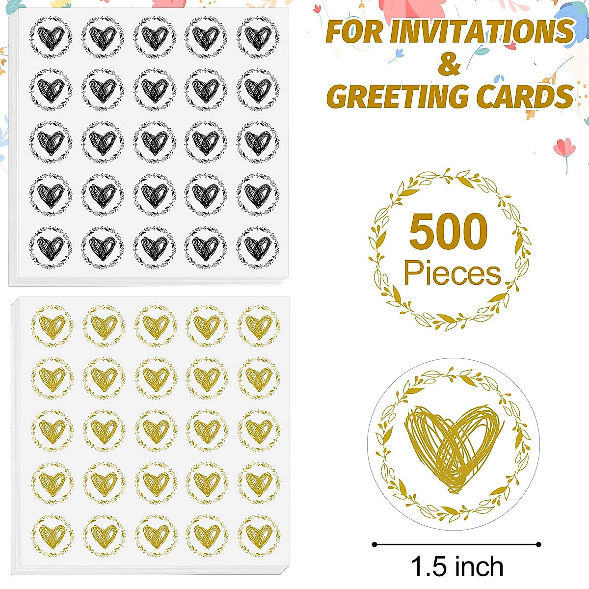 Koogel 500 PCS Heart Stickers 1.5 inch Heart Envelope Seals,2 Styles for Valentine's Day,Wedding Invitations,Craft and Greeting Cards