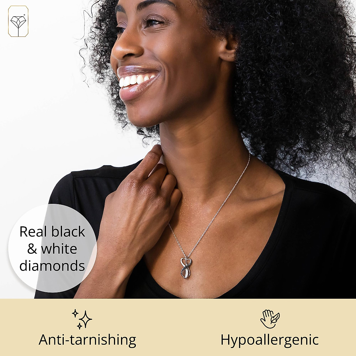 MAX + STONE 0.2 Carat White & Black Diamond Necklace for Women | Sterling Silver Diamond Pendant Necklace with Adjustable 18-20 Inch Chain | Real Diamond Heart Infinity Necklace