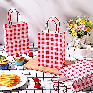 50 Pieces Gingham Kraft Paper Gift Bags with Handles Buffalo Plaid Goodies Bags Red and White Paper Bags Present Party Favor Bags for Wedding Christmas Birthday Party Supplies, 5.91 x 8.27 x 3.15 Inch