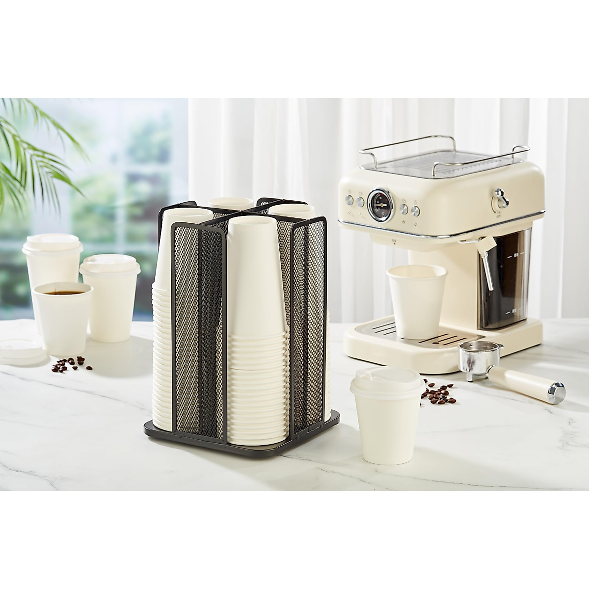 Annova Paper Cup and Lid Holder Plastic Cup Storage Organizer, 360°Rotating Coffee Cup Dispenser with 4 Compartments, Multifunctional Cup Storage Rack for Home, Office, Bar, Coffee Shop (Black)