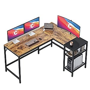 CubiCubi L Shape Computer Desk with Storage Shelf Study Writing Table for Home Office, Modern Simple Style PC Desk, Black Metal Frame