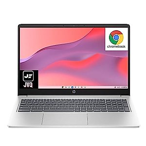HP Newest 15.6" HD Chromebook Laptop, Intel Processor N200, 8GB RAM, 64GB eMMC + 64GB Card, Webcam, WiFi, Zoom Meeting, Bluetooth, USB-A&C, Chrome OS- Natural Silver, JVQ MP