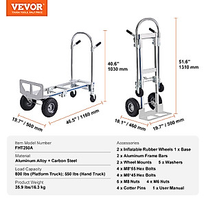 VEVOR Aluminum Convertible Hand Truck, 2 in 1 Design 800 Lbs Capacity, Heavy Duty Industrial Collapsible cart, Dolly Cart with Rubber Wheels for Transport and Moving in Warehouse, Supermarket, Garden