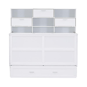 Murphy Bed Queen with Bookcase Headboard ,Wooden Murphy Bed Cabinet with Bedside Shelves and a Big Drawer, Easy Fold Modern Murphy Cube Wall Bed for Guest Room Home Office, White