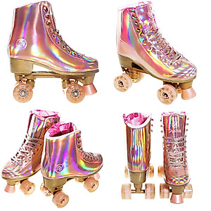 JajaHoho Roller Skates for Women, Holographic High Top PU Leather Rollerskates, Shiny Double-Row Four Pink Glitter Wheels Quad Skates for Girls and Age 8-50 Indoor Outdoor (Size 7, Rose Gold)