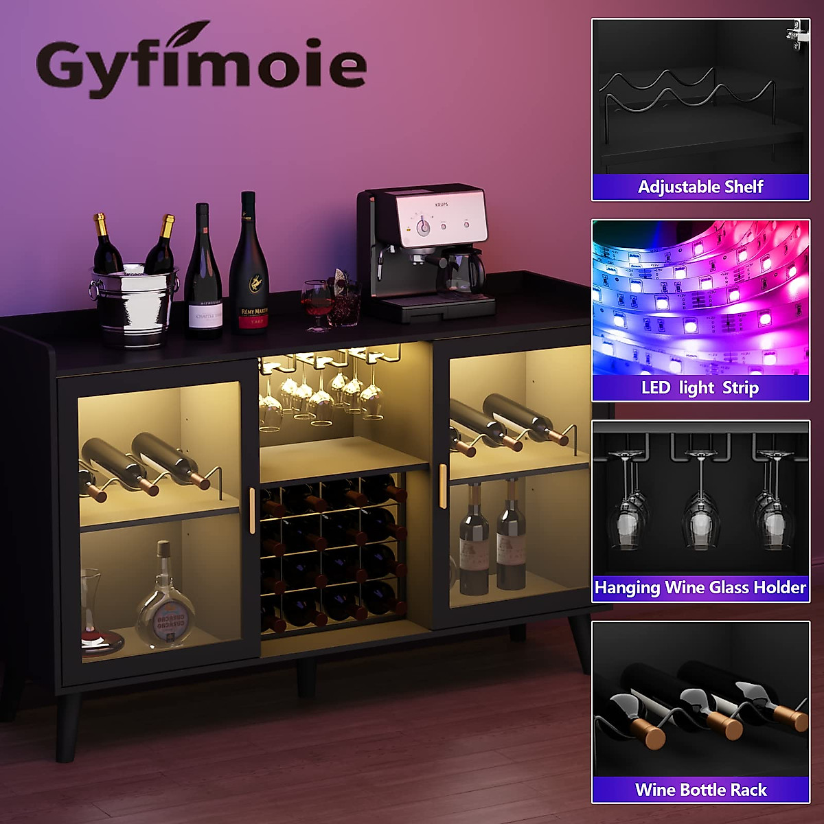 Gyfimoie Modern Wine Bar Cabinet with LED Light, Home Coffee Cabinet w Wine Rack and Glass Holder, Kitchen Sideboard Buffet Cabinet w Storage Shelf, Freestanding Liquor Cabinet w Glass Door (Black)