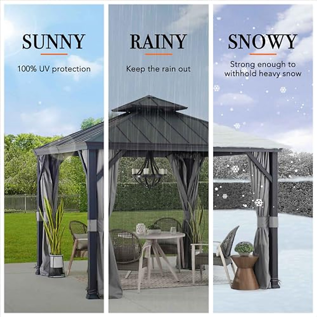 Sunjoy 10 ft. x 10 ft. Hardtop Gazebo, Outdoor Aluminum Frame, 2-Tier Steel Hardtop Backyard Gazebo with Netting, Curtain and Ceiling Hook by SummerCove