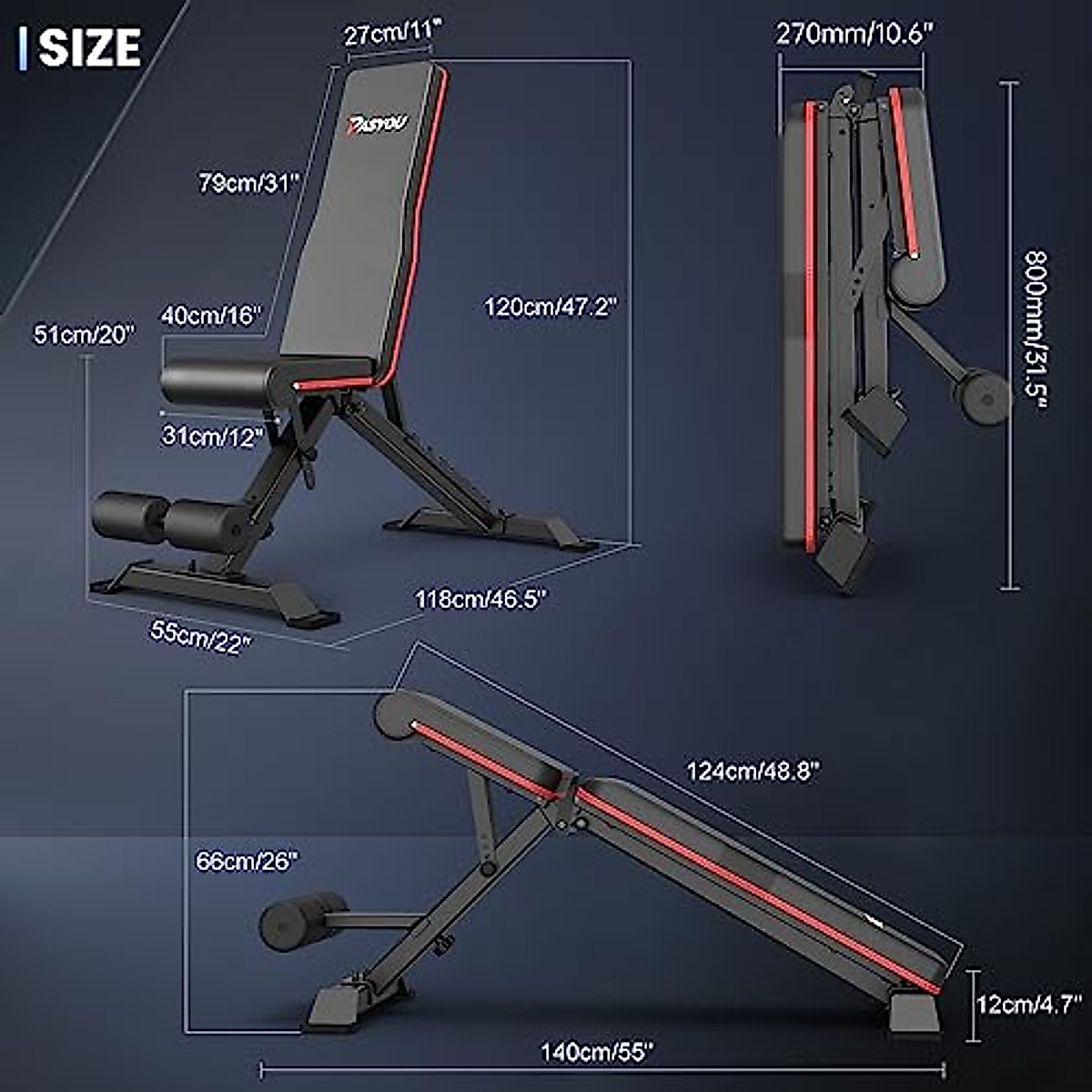 PASYOU Adjustable Weight Bench Press (9x4x3 Positions), Foldable Workout Bench, 700 Pounds Load Flat Incline Decline Strength Training Benches, Sit Up Exercise Equipment