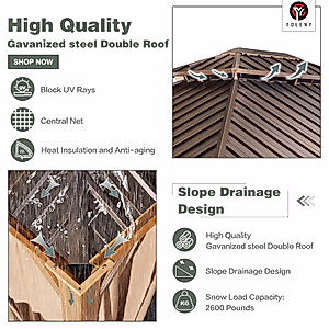 YOLENY 12'x16' Hardtop Gazebo, Wood Grain Aluminum Frame Outdoor Gazebo with Double Galvanized Steel Roof, Permanent Metal Pavilion with Curtains and Nettings for Patio, Backyard, Deck and Lawns