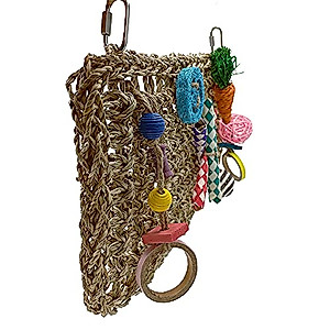 GILYGI 16.5×8.3 Inches Bird Foraging Wall Toys, Parrot Seagrass Woven Mat with Colorful Chewing Toys, Bird Activity Wall Toy for Conures Cockatiels African Grey Amazon Medium and Large Parrots