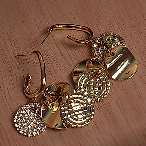 Sonateomber Open Hoop Baroque Circle Disc Statement Gold Drop Dangle Earrings for Women - Sparkly Cubic Zirconia Round Curved Wavy Sequin Coin Dangling Fashion Earring Jewelry Gift