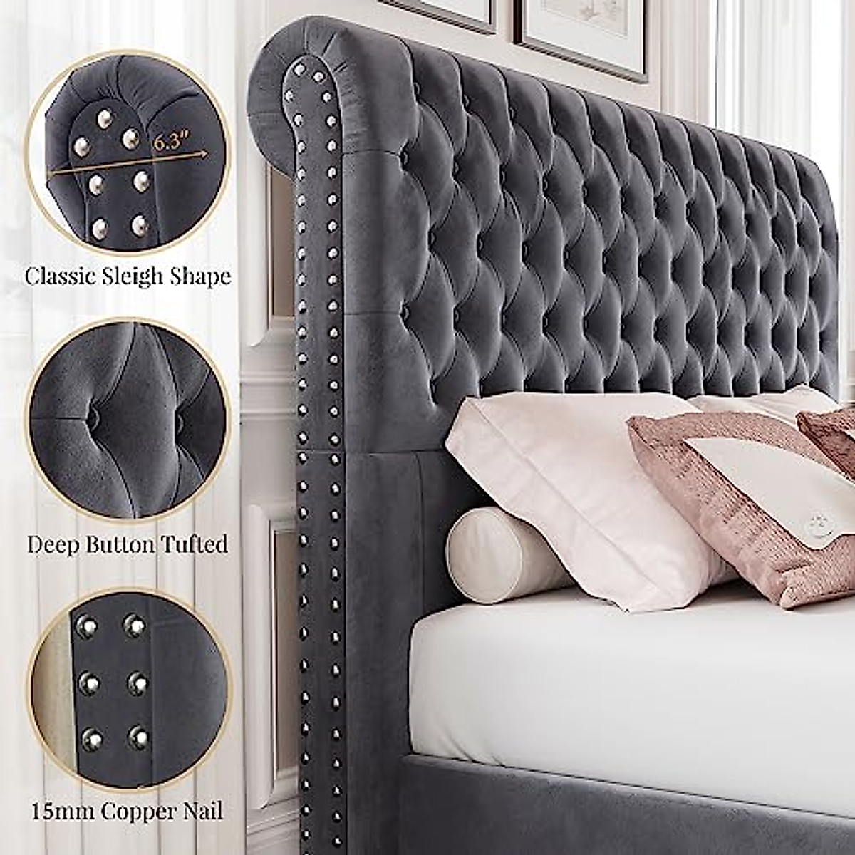 Jocisland Lift Up Storage Bed Queen Size Velvet Upholstered Sleigh Platform Bed Frame/52.4" Deep Button Tuft Headboard/Hydraulic Storage/Easy Assembly/Dark Grey