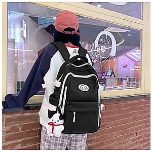 MININAI Preppy Backpack with Cute Pendant Women Smile Face Laptop Backpack Kawaii Lightweight Aesthetic College Backpack (Black,One Size)