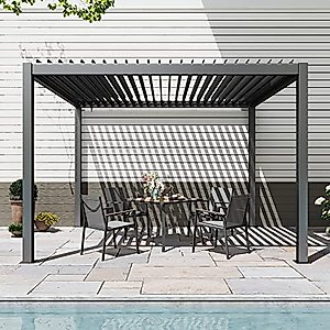 LAUSAINT HOME Outdoor Louvered Pergola 10'x13' with Gutter, Well Engineered Waterproof Aluminum Gazebo Kit with Adjustable Roof for Patio, Garden and Deck, All Aluminum, Black