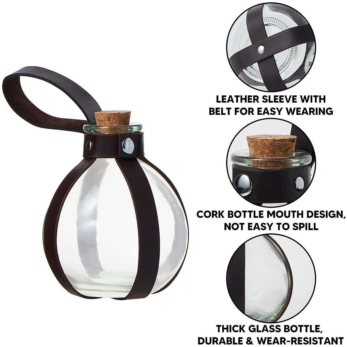 Spooktacular Creations Potion Bottles with Cork, Magic Round Glass Bottles prop with Cork Stopper and Faux Leather holster Loop Accessories for Halloween Mystic Sorcery Witch Costumes Party