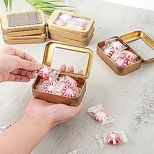 Restaurantware RW Base 4.5 Ounce Rectangular Tin Containers 10 Durable Tin Boxes With Lids - Clear Window Lids Rounded Edges Gold Tin Storage Containers Customizable Fits Mints Or Pills