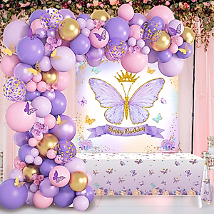 Butterfly Birthday Decorations for Girls - 101PCS Pink Purple Party Decorations include Balloons, Butterfly Stickers, Tablecloth and Happy Birthday Backdrop for Girls Women Princess Party Supplies