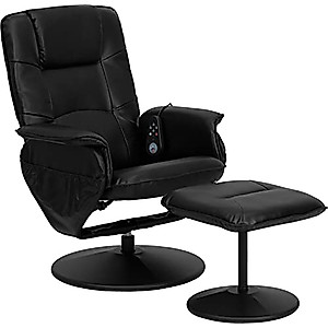 Flash Furniture Cason Massaging Adjustable Recliner with Deep Side Pockets and Ottoman with Wrapped Base in Black LeatherSoft