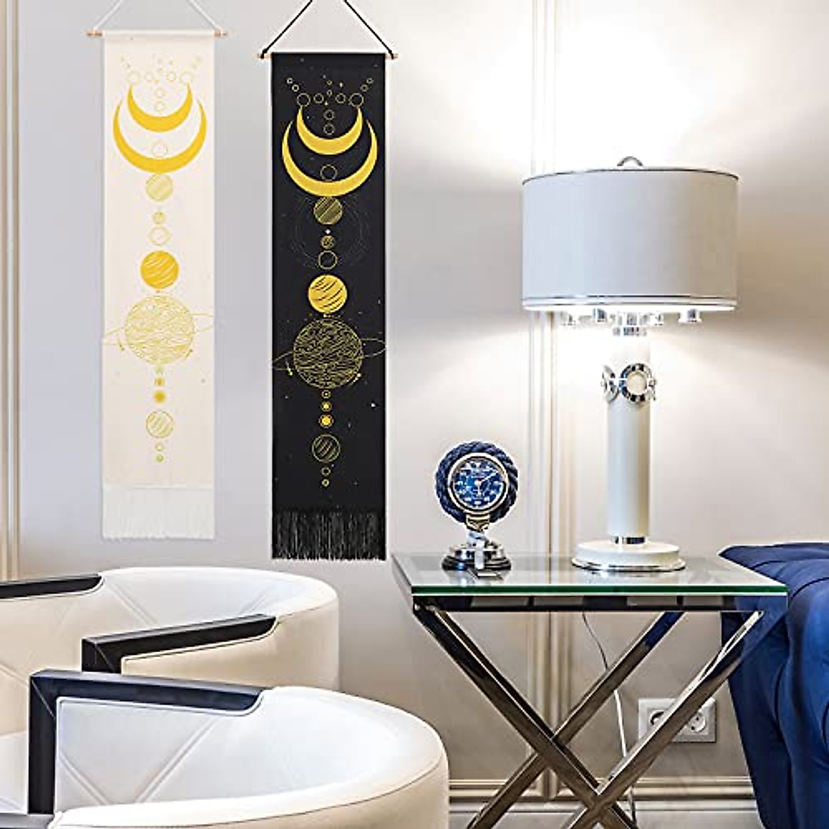 Lourny Sun and Moon Phase Wall hanging - 2 Pcs Long Black and White Tapestry Starry Night Sky Small Tapestries Decor for Bedroom Living Room(Black+White Moon)