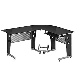 HOMCOM L-Shaped Corner Computer Desk Gaming Table Home Office Workstation Glass Top P2 MDF with Keyboard Tray - Black