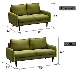 INSTORY Velvet Loveseat Mid-Century Modern Sofa Tufted Couch with Wooden Legs for Living Room - Army Green