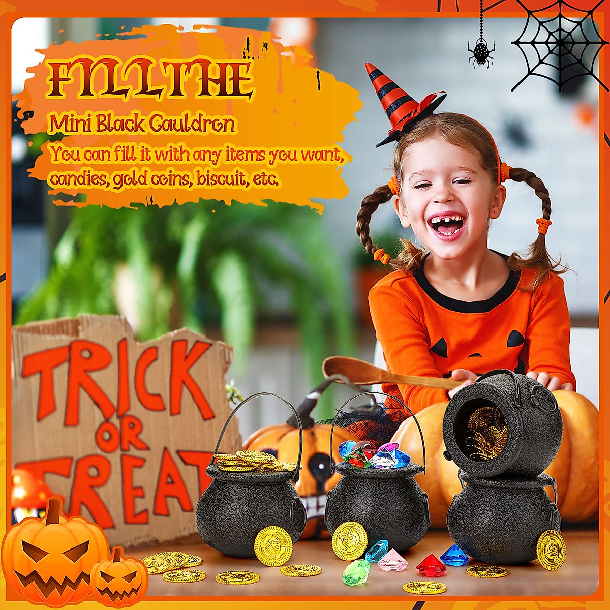 64 Pcs Halloween Mini Witch Cauldron Set Kettles 4 Pack Small Plastic Black Candy Cauldron Kettles with 60 Pieces Gold Coins Candy Holder Pot with Handle for Wizard Party Birthday Pirate Party