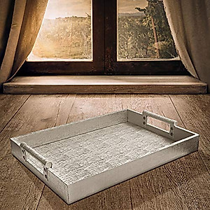 American Atelier Leather Rectangle Serving Tray with Handles-Silver Large