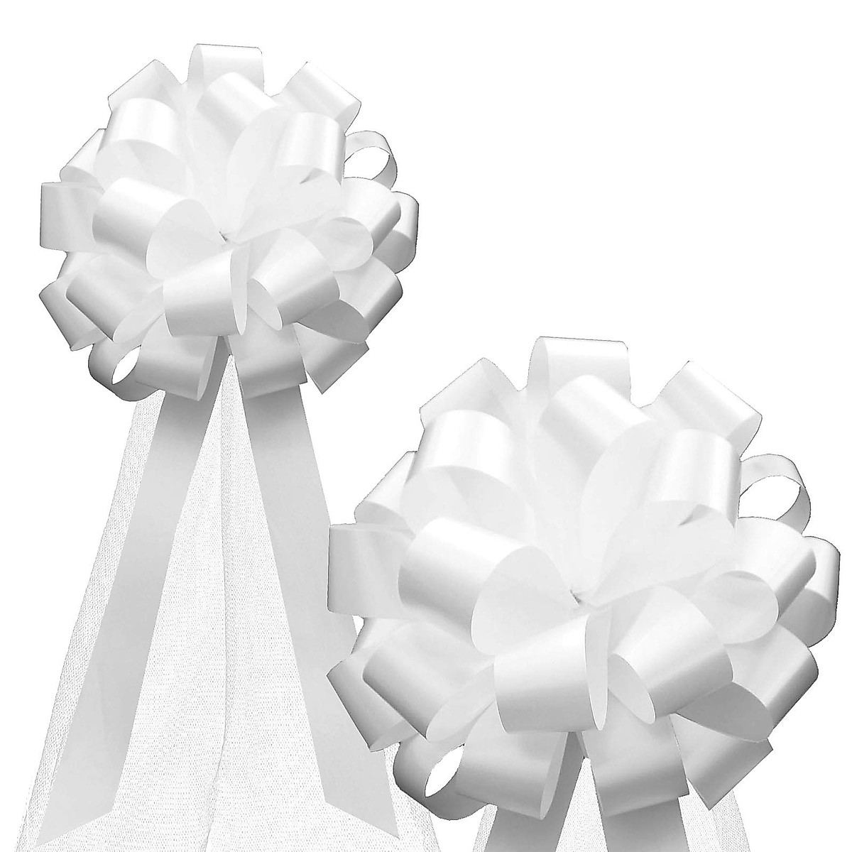 White Wedding Pull Bows with Tulle Tails - 8" Wide, Set of 6, Wedding Pew Bows, Mother's Day, Reception, Christmas, Birthday, Anniversary, Event Decoration, Valentine's Day