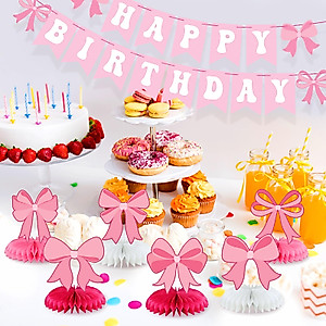Fanfanwin 24 Pcs Coquette Pink Bow Party Decorations Pink Bow Birthday Party Favors Pink Bow Banners Ribbons Hanging Swirls Honeycomb Centerpieces for Women Baby Shower Christmas Party