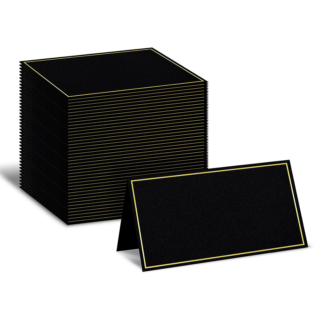 Better Office Products 100 Pack Gold Metallic Border Place Cards, 2 x 3.5 in, Folded Table Tent Cards for Weddings, Dinner Parties, Buffet Banquets,(Black)