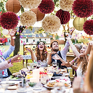 Burgundy Graduation Party Decorations Maroon Party Decorations Tissue Pom Poms Lanterns Honeycomb Balls for Wedding Anniversary Bridal Shower Engagement Bachelorette Party Birthday Party Fall Party