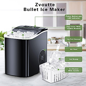 Zvoutte Portable Countertop Ice Maker Machine - Self-Cleaning Ice Makers with Ice Scoop and Basket, 9 Cubes in 8-10 mins, 26 lbs/24 Hours, for Home/Kitchen/Bar/Office/Camping (Black)