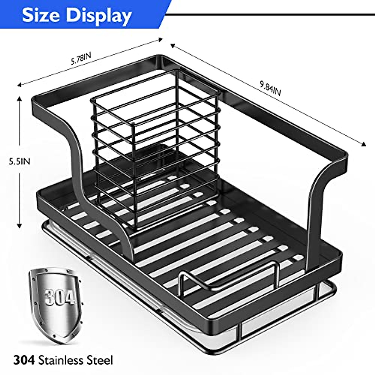Sink Caddy Sponge Holder,VVHAOS Kitchen Sink Organizer for Dish Rag Soap Brush,Dishcloth Holder with Drain Pan 304 Stainless Steel (Black)