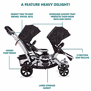 Dream On Me Track Tandem Double Umbrella Stroller in Black, Lightweight Double Stroller for Infant and Toddler, Multi-Position Reversible & Reclining Seats, Large Storage Basket and Canopy