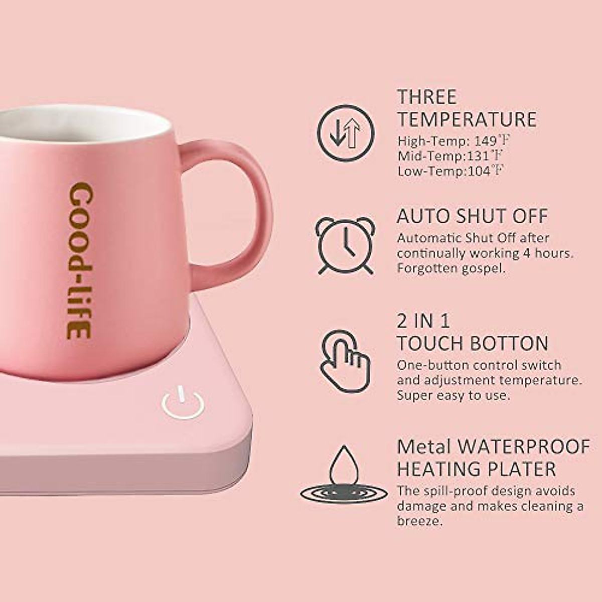 VOBAGA Coffee Mug Warmer with 4 Hours Auto Shut-Off, Coffee Warmer Plate for Office Home Desk Use with 3 Temperature Settings, Electric Cup Warmer for Cocoa,Tea, Milk, Water, Pink (No Cup)