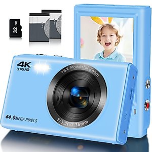 Digital Camera, Saneen FHD Kids Cameras for Photography, 4K 44MP Compact Point and Shoot Camera for Kids, Teens & Beginners with 32GB SD Card,16X Digital Zoom, 2 Rechargeable Batteries-Blue
