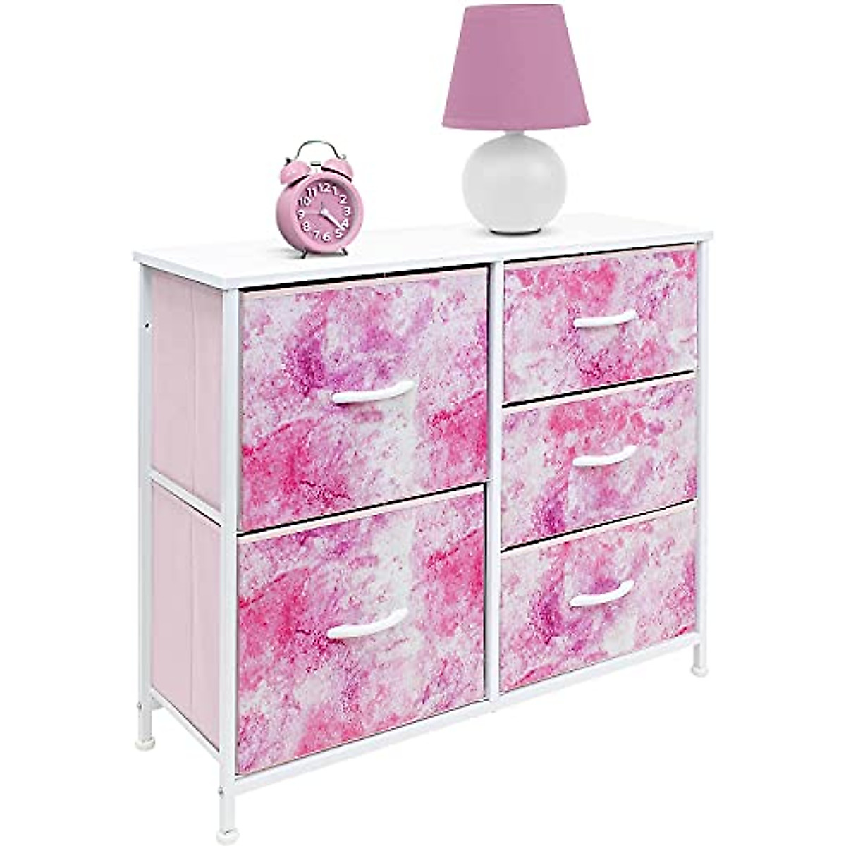 Sorbus Dresser with 5 Drawers - Bedside Furniture & Night Stand End Table Dresser for Home, Bedroom Accessories, Office, College Dorm, Steel Frame, Wood Top (Tie-Dye Pink)