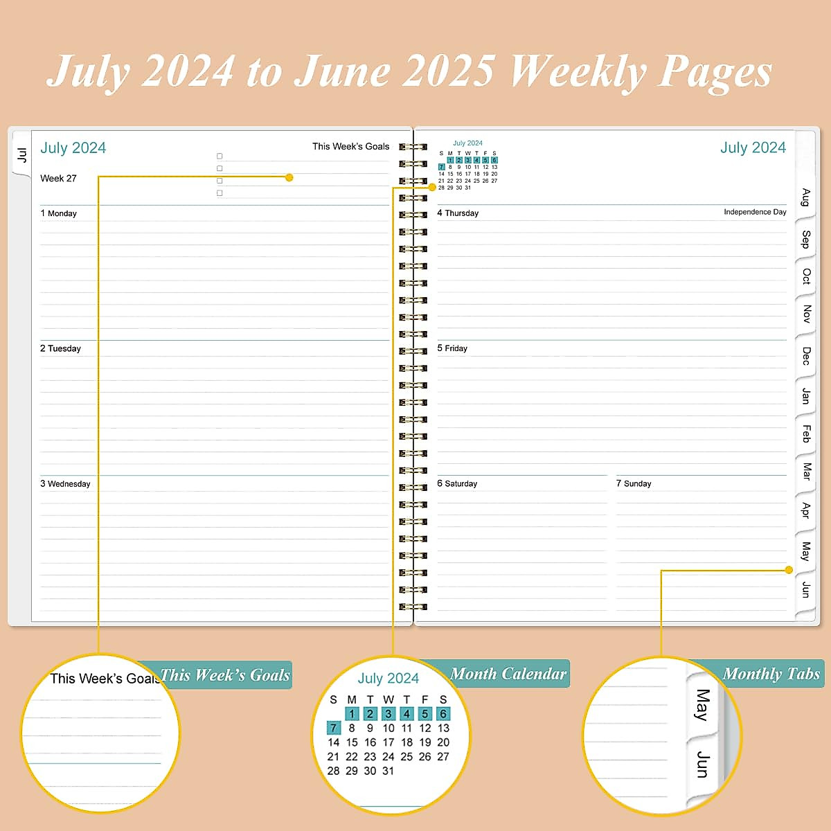 2024-2025 Planner - A4 Weekly & Monthly Planner to Achieve Goals & Increase Productivity, July 2024 - June 2025, 8.5" x 11", Rose Leaf